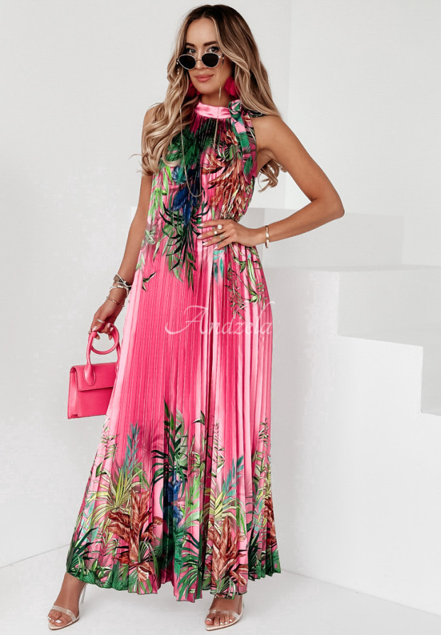 Plisované maxi šaty vzorované Paradise Days ružová - Eshop Andzela