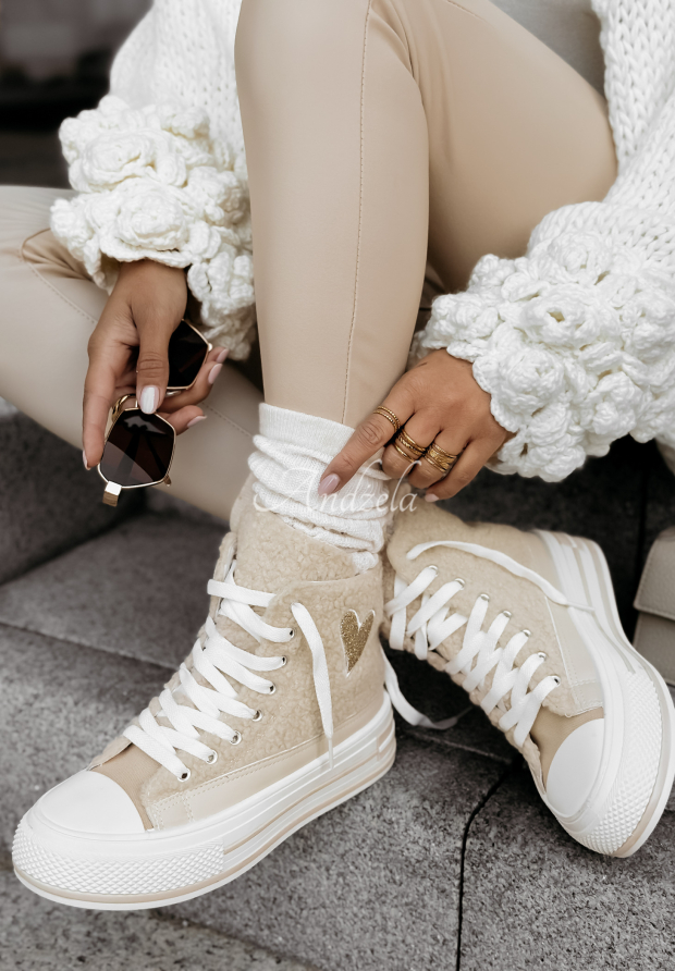 Vysoké tenisky s kožušinkou Fluffy Steps béžové - Eshop Andzela