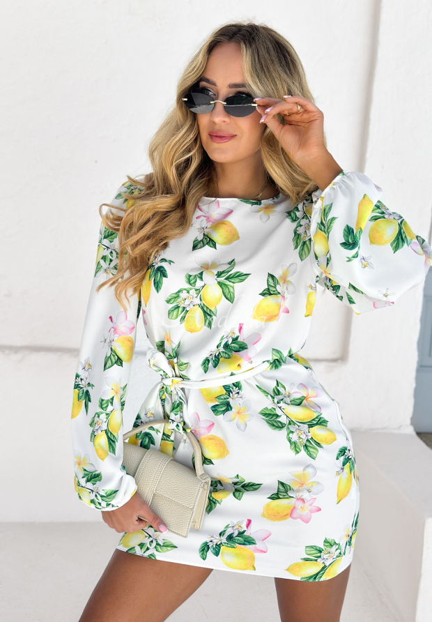 Šaty s citrónmi a s naberanými rukávmi a opaskom Crazy About You Biela ...